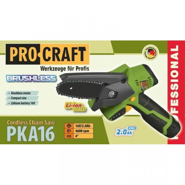 PROCRAFT PKA16 bezuhlíková jednoruční aku řetězová pila 10cm LiIon 16V 2x 2Ah | NAKO Pardubice