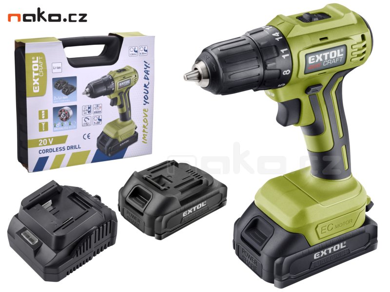 EXTOL CRAFT 402450 bezuhlíkový aku vrtací šroubovák BRUSHLESS 20V LiIon ...